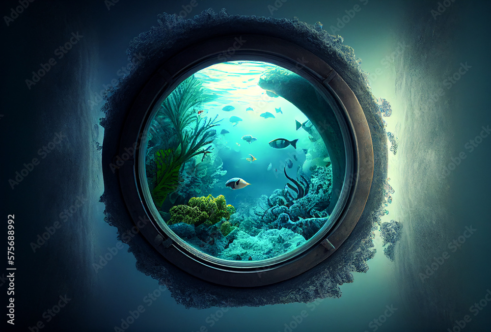 Underwater world background. view from the round window of a submarine ...
