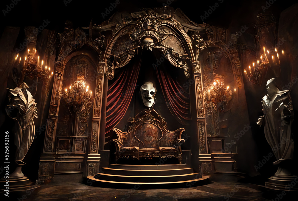 stage for a broadway play musical with sofa and mask, throne, opera ...