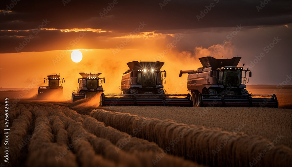 Four Combine harvesters working on the field at sunset. Ai Generated ...