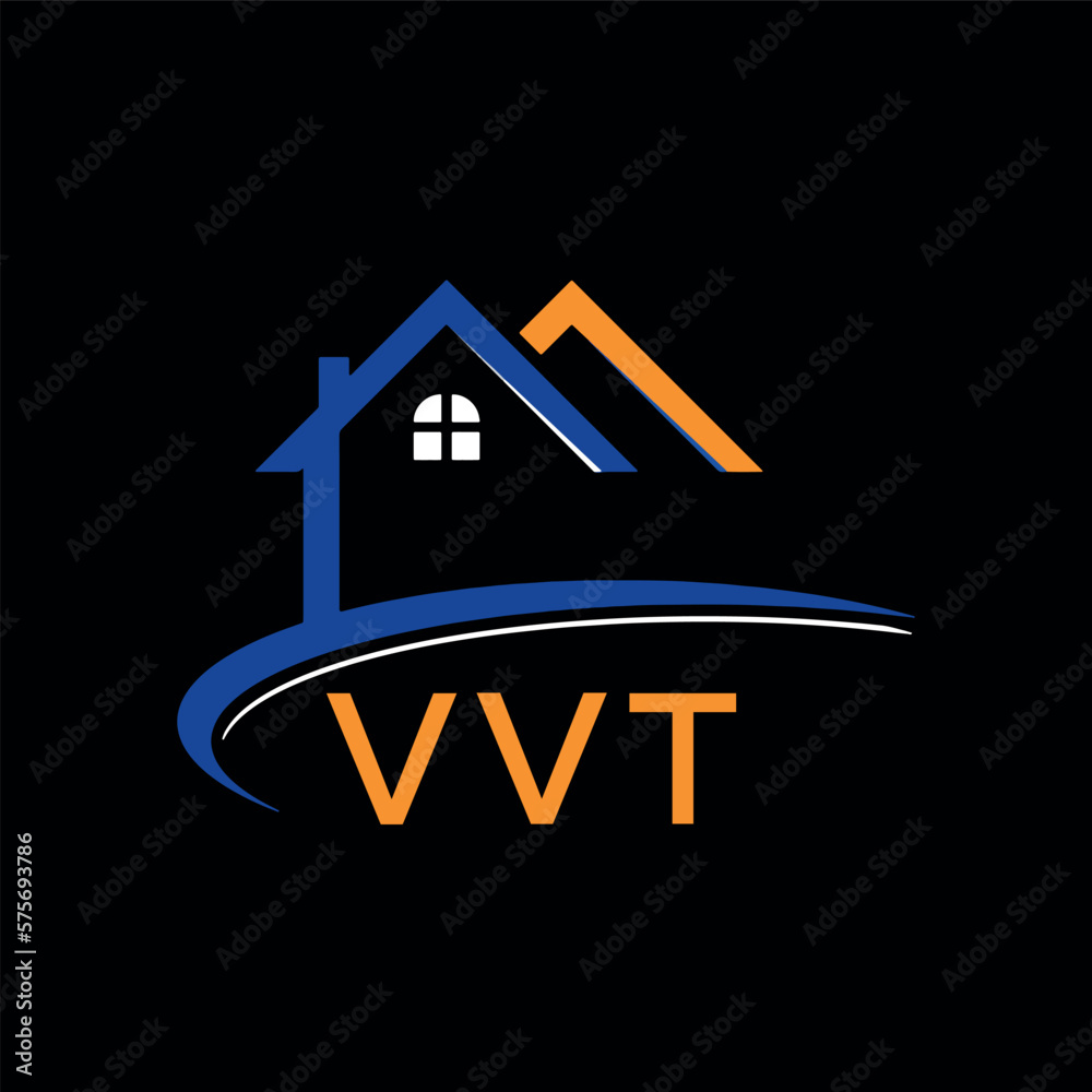 VVT house logo, letter logo. VVT blue image on black background and ...