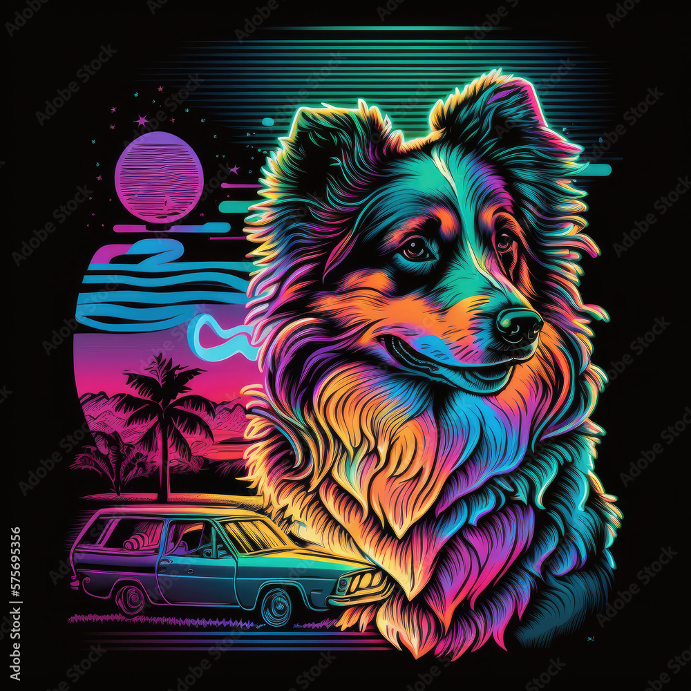 Miniature American Shephard Dog 80s Synthwave Detailed T-Shirt Vector ...