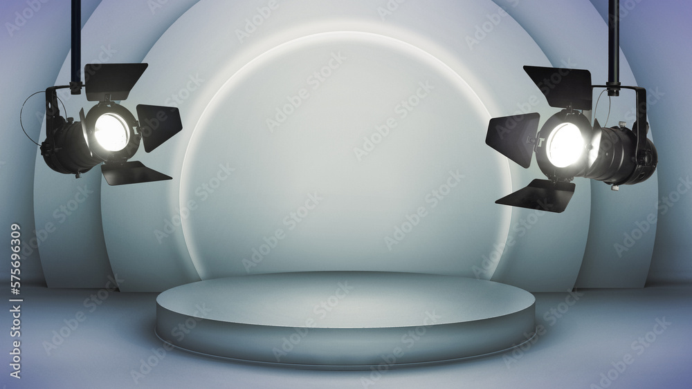 Virtual studio background with spotlights. 3D graphics rendering ...