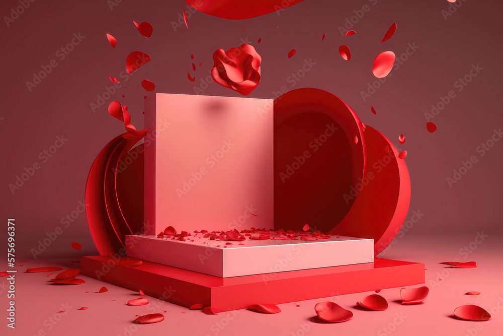 3D podium, display, background. Red, surprise, open gift box. Rose ...