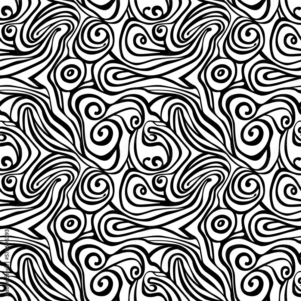 Seamless pattern with swirls - hand drawn black and white vector ...