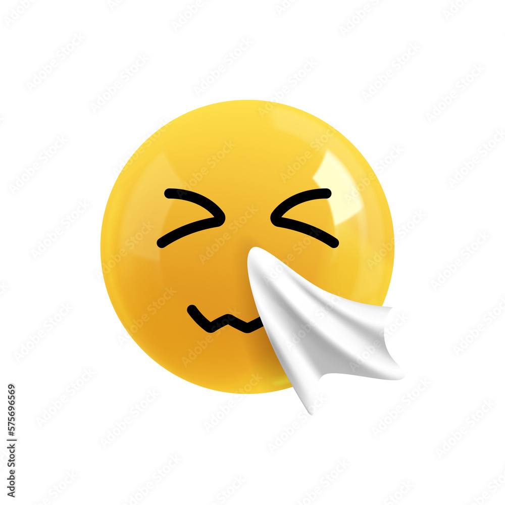 Emoji face blowing your nose. Realistic 3d Icon. Render of yellow ...