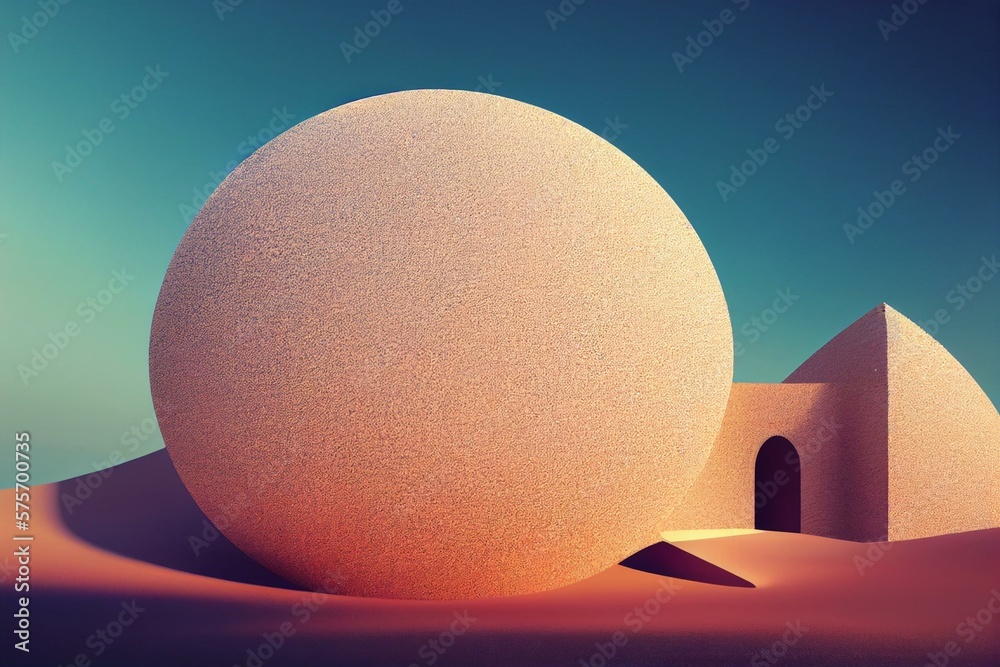 Abstract, architectural building with soaring golden balls and arches ...