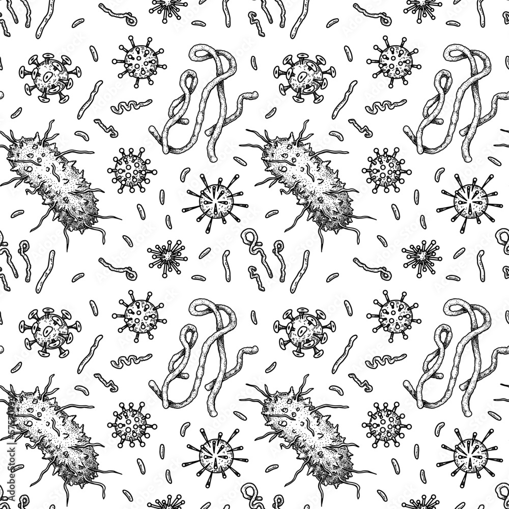 Viruses seamless patten. Scientific hand drawn vector illustration in ...