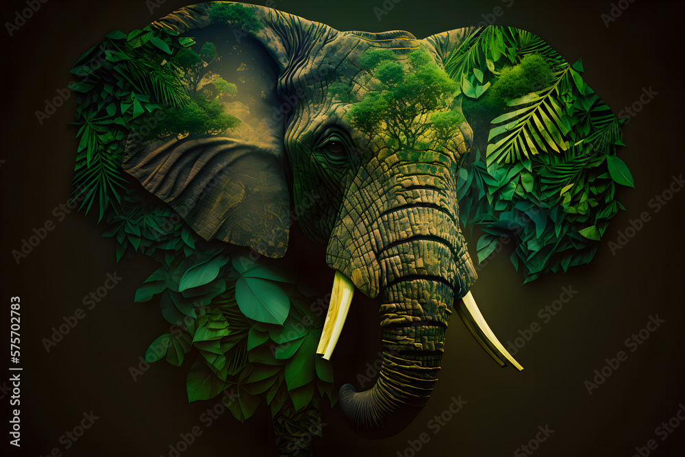 Muzzle of Elephant profile silhouette with leaves of tropical ...