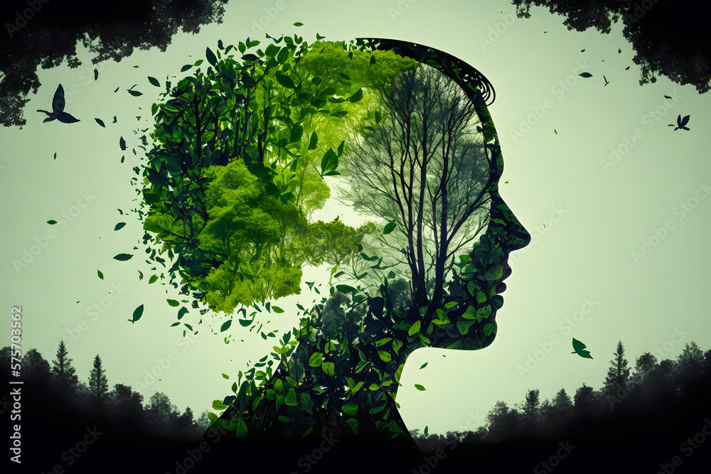 Head of human profile silhouette with leaves of tropical vegetation of ...