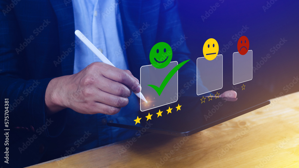 Businessman choosing happy smile face icon. feedback rating and ...