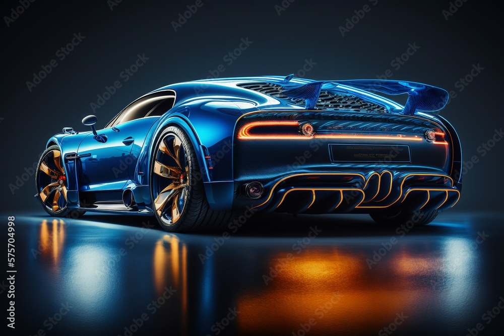 Cool blue generic sports car in a dark studio background illustrated ...