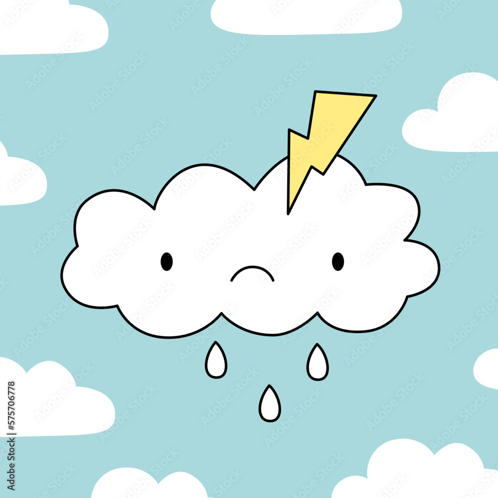 Sad cloud with lightning and rain cartoon character. Groovy sticker in ...