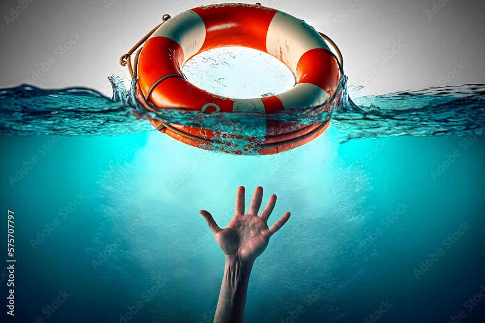Man drowned under water, hand reaches out from the depths to red life ...