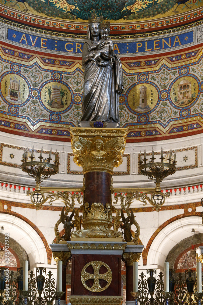 Notre-Dame de la Garde basilica, Marseille. Apse. Silver statue of the ...