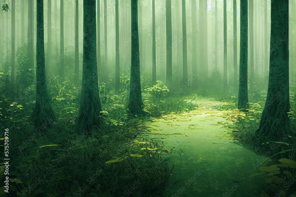 watercolor style forest background in beautiful green color in a white ...