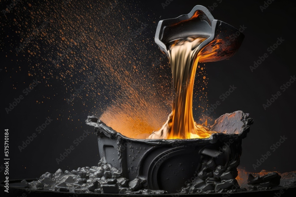 Liquid iron pouring in container, metallurgical facility, foundry ...