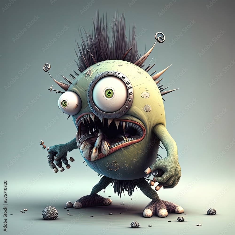 A small creepy yellow monster looks scary, in a cartoon style on a blue ...