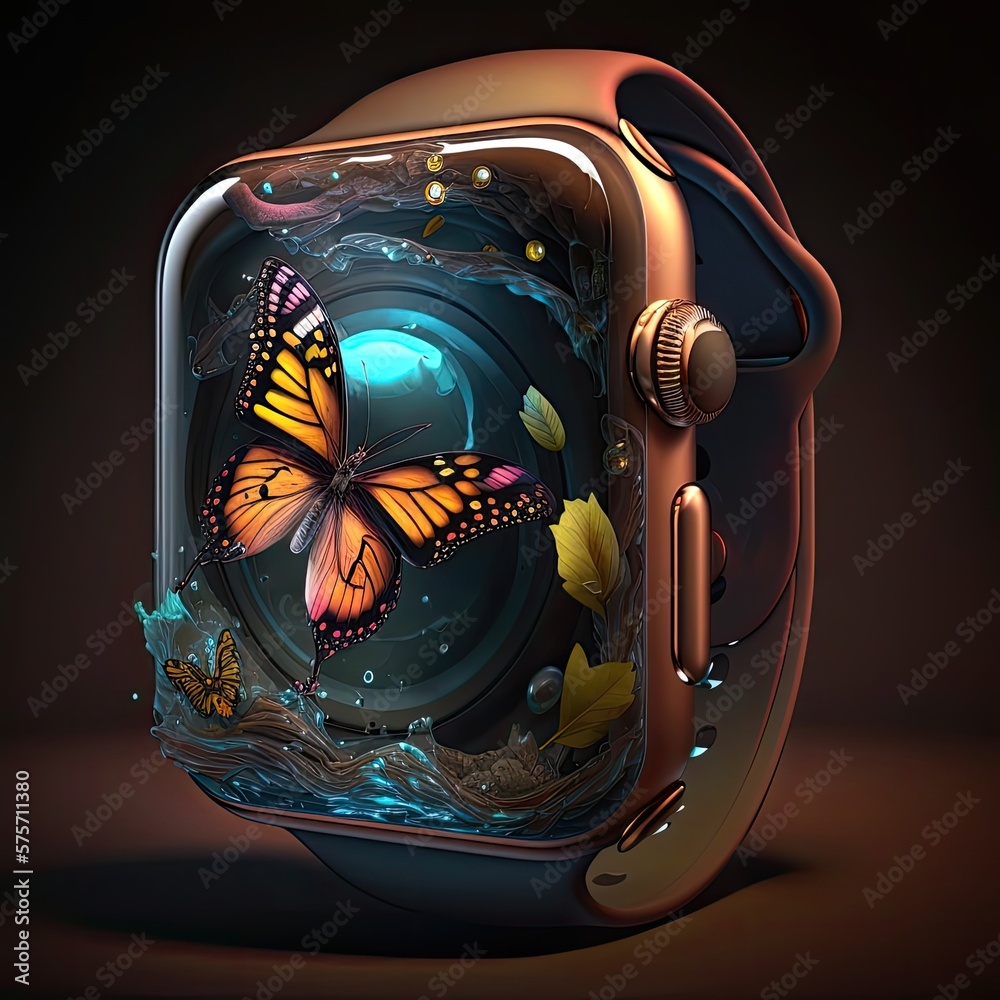 Smart watch with a butterfly on a gradient background. Heart rate ...