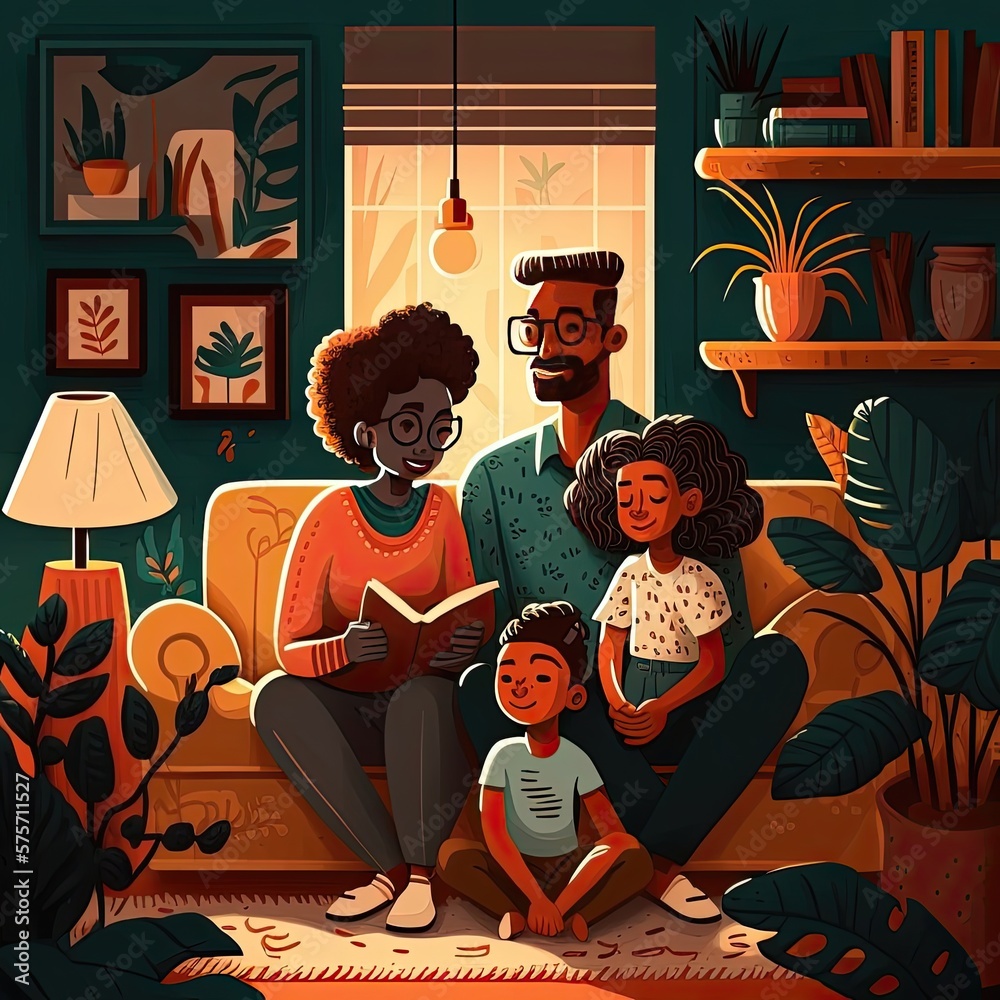 Big happy multiethnic family spend time reading a book in cartoon style ...