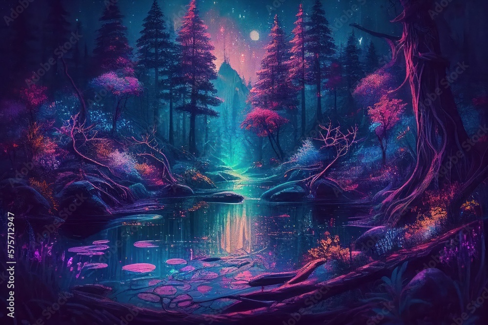 Fantasy of neon light forest glowing colorful like fairytale Created ...