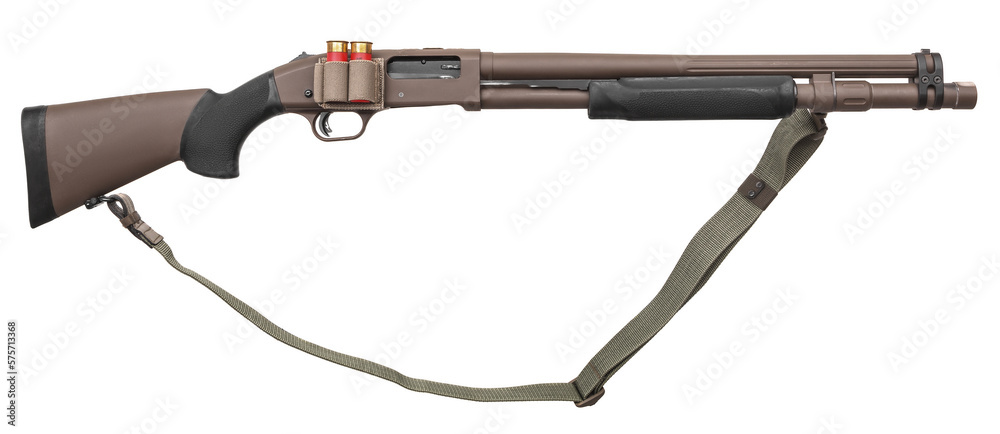 Pump-action 12 gauge shotgun isolated on a white back. Close-up shot of ...