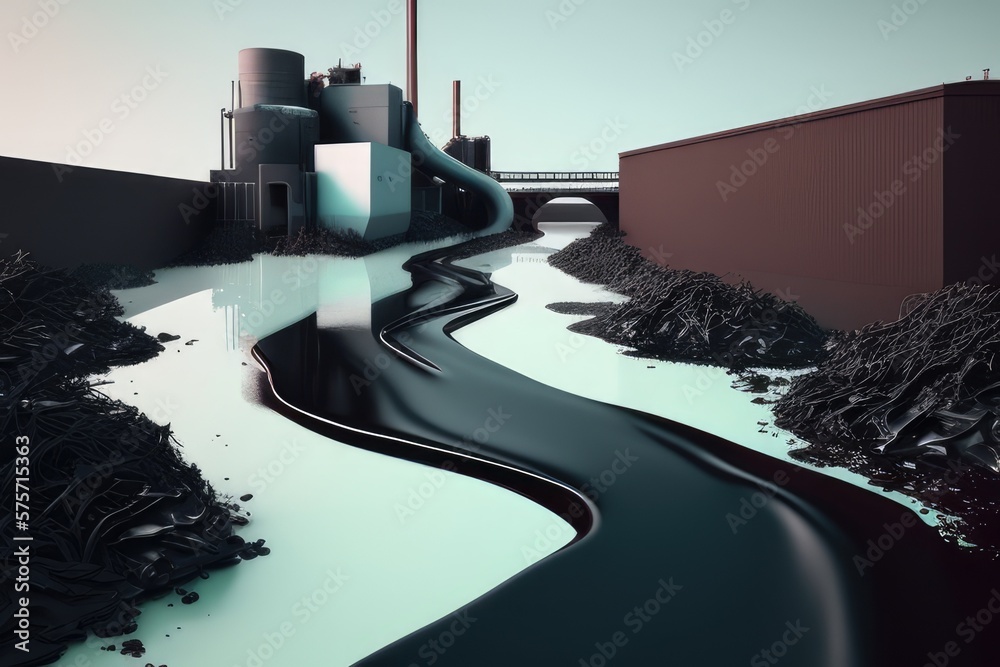Toxic River: shot of river running through an industrial area, with ...