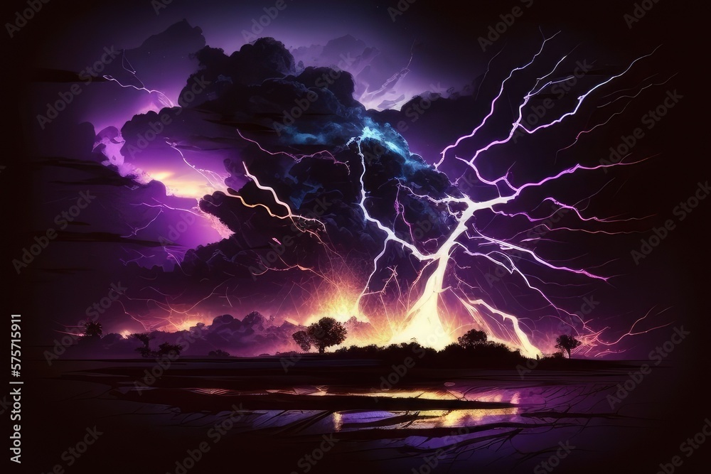 violent thunderstorm, with lightning flashing across the sky and ...