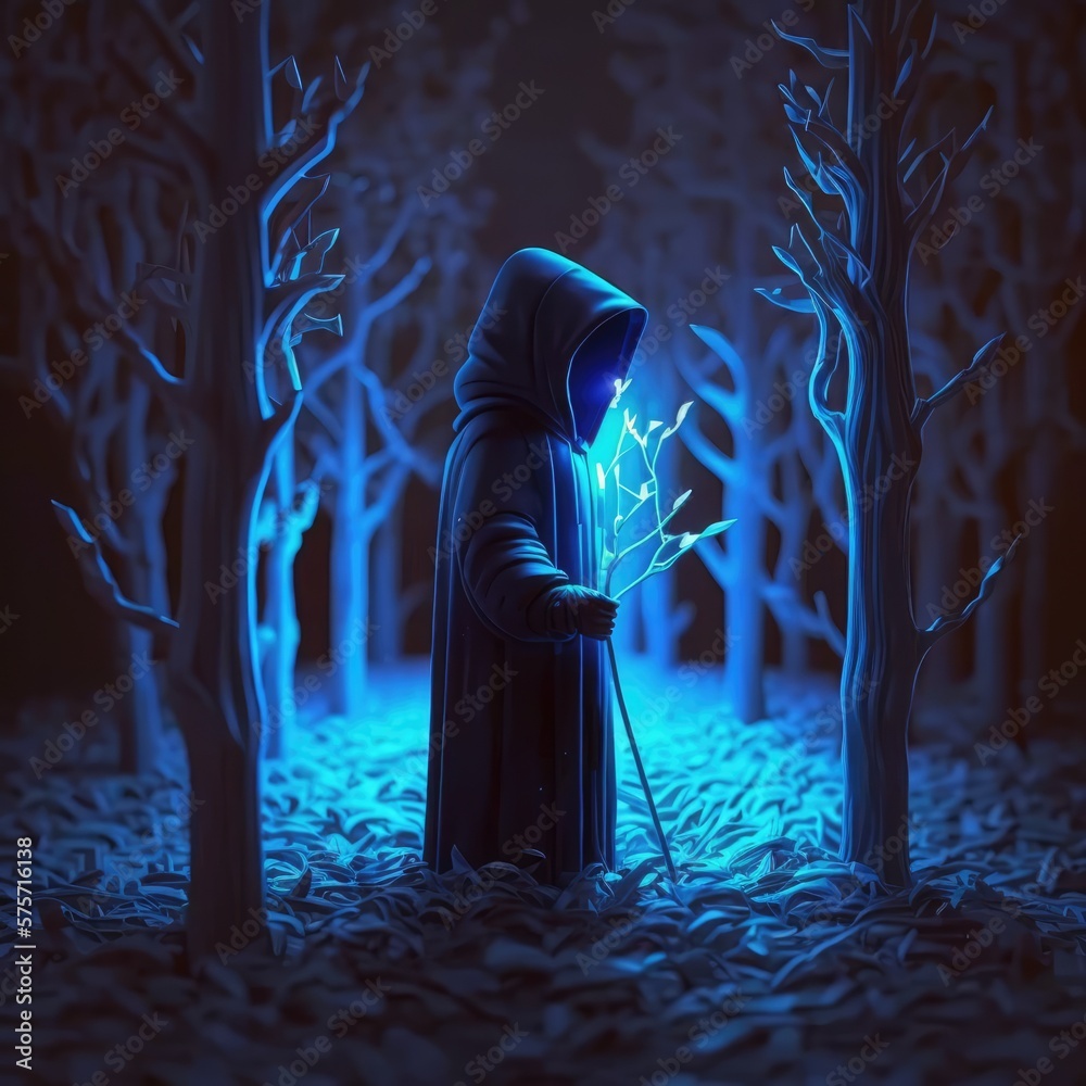 mysterious hooded figure in a lonely forest, with a glowing staff in ...