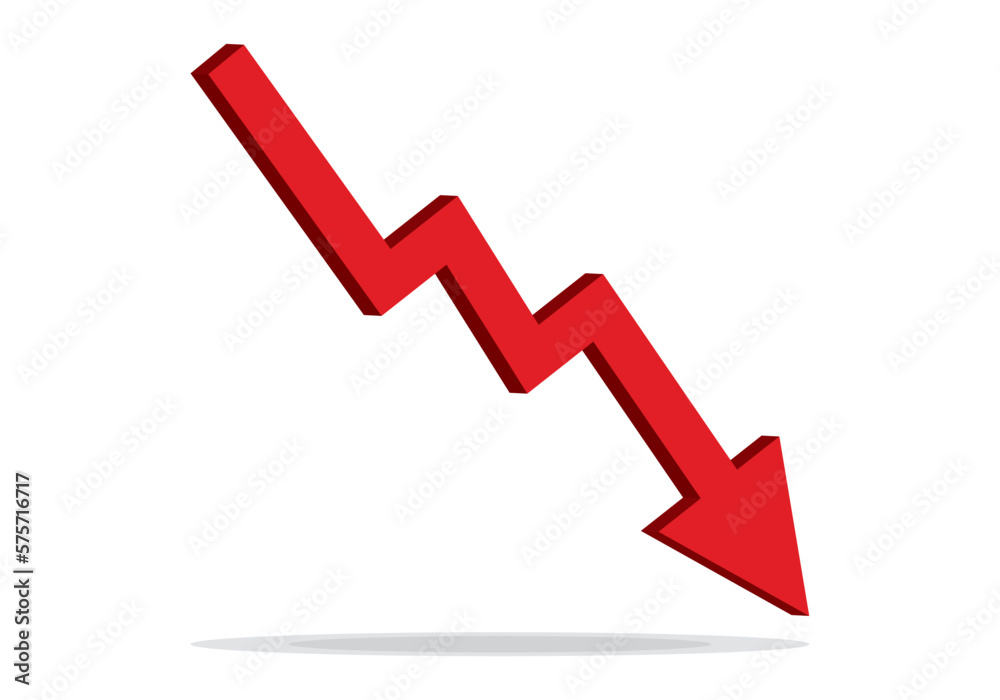 Red 3d arrow going down stock icon on white background. Bankruptcy ...