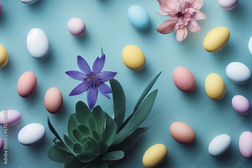Minimalist, modern Easter background with flowers and Easter eggs in ...
