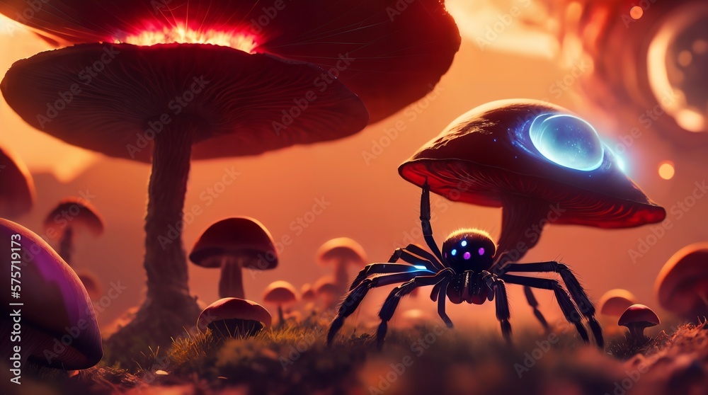 A group of mushrooms with a spider in the middle and a glowing eye on ...