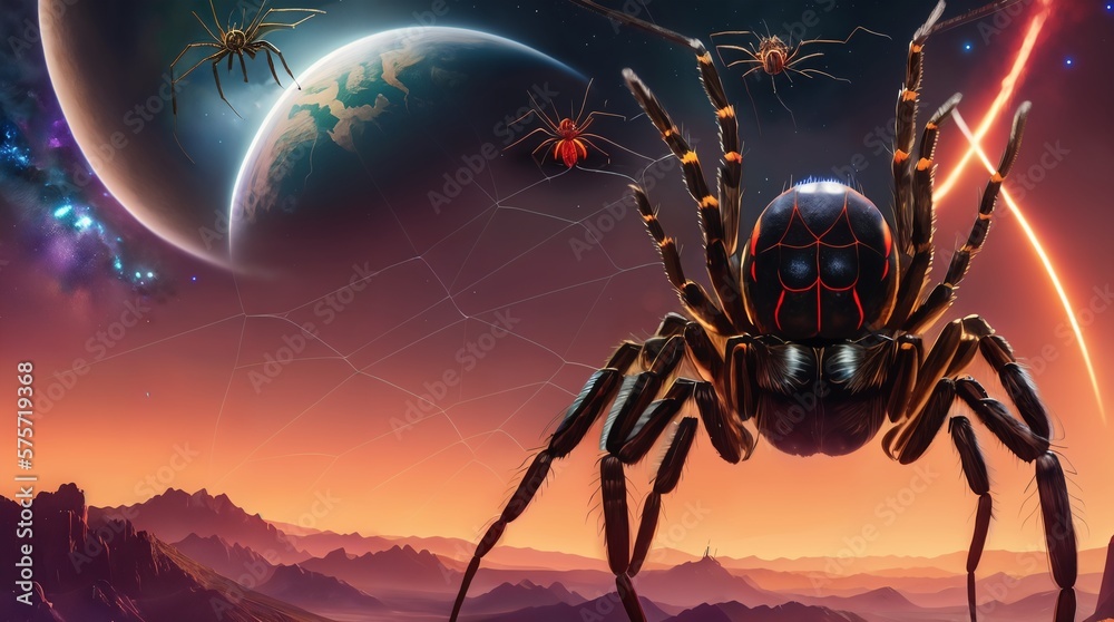 Spider with big body and long legs standing in front of a planet with ...