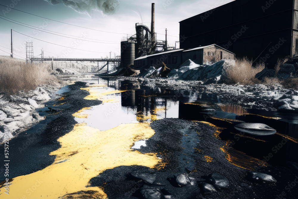 Toxic River: shot of river running through an industrial area, with ...