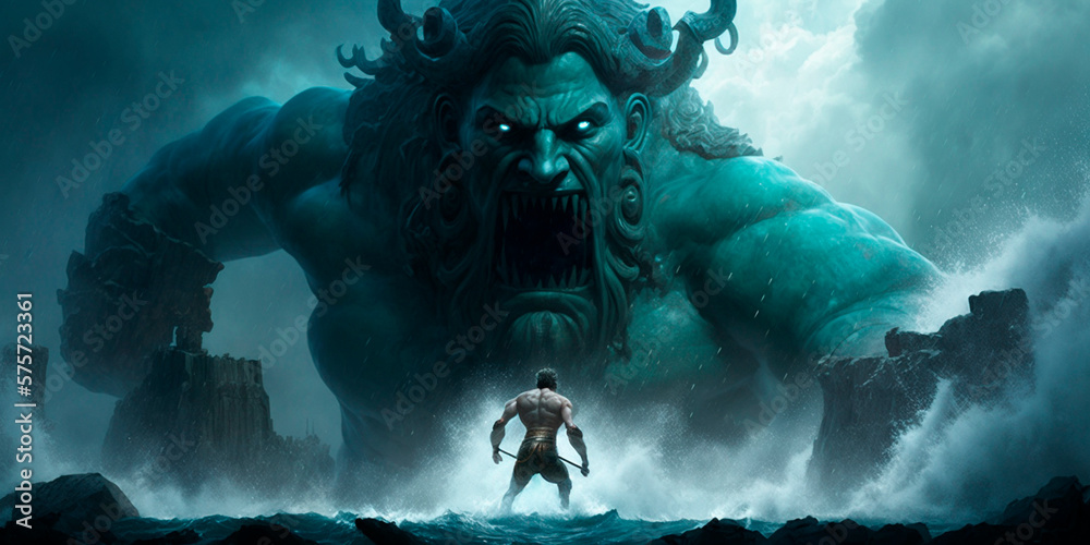 Poseidon battles the giant Polybotes in the sea Stock Illustration ...