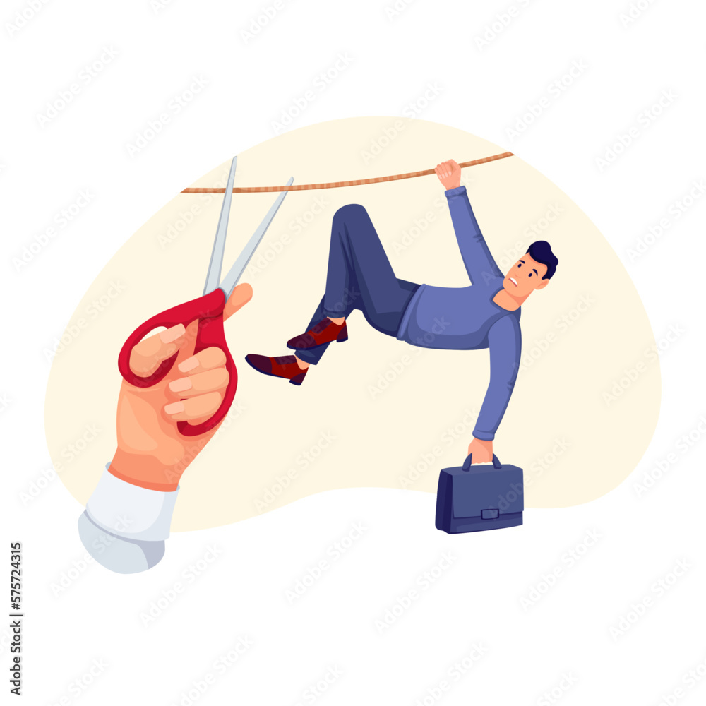 Hand of businessman cutting rope with hanging employee vector ...