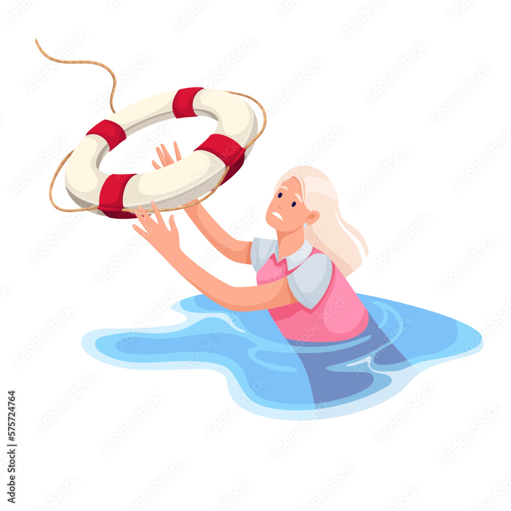 Vetor de Woman catching lifeline for rescue vector illustration ...