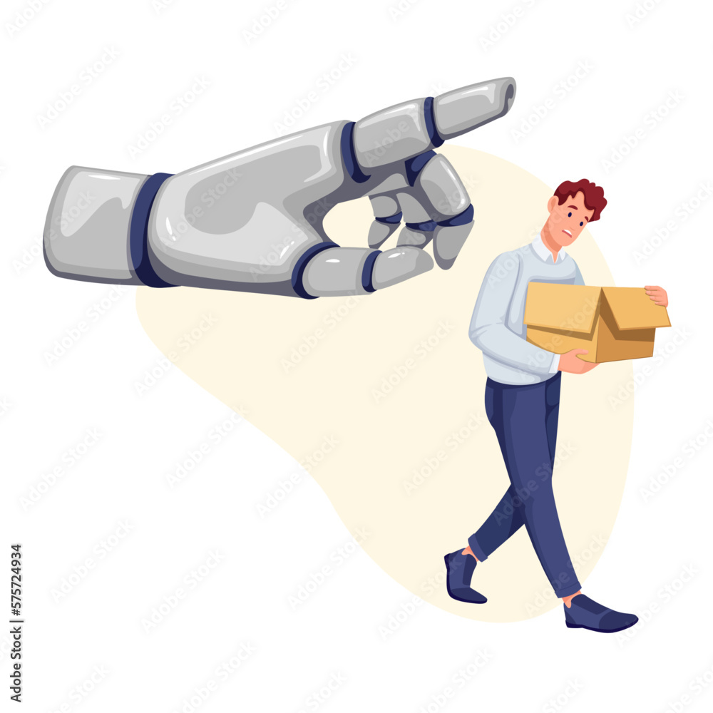 Robot hand kicking employee out of work vector illustration. Cartoon ...