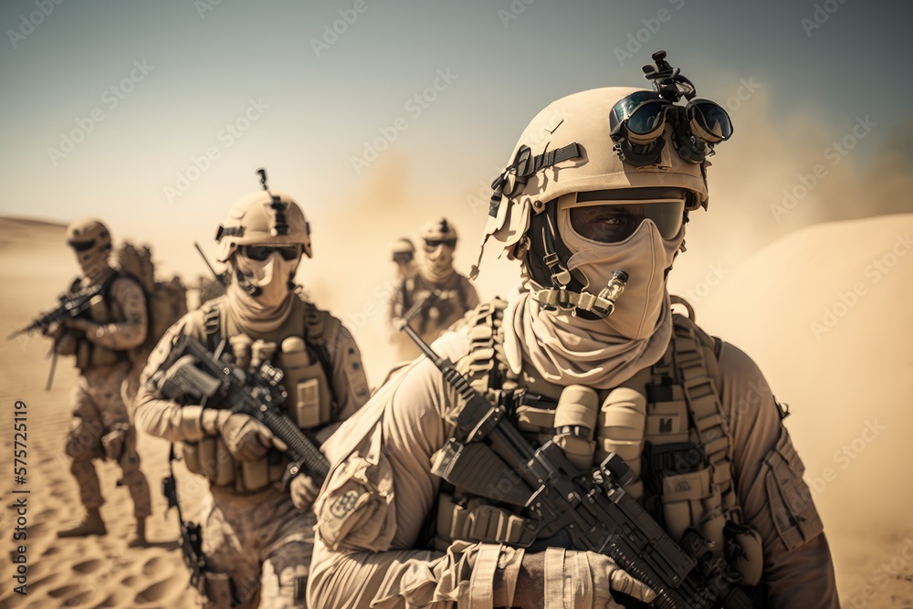 Soldiers squad with fully equipped and armed in a military operation in ...