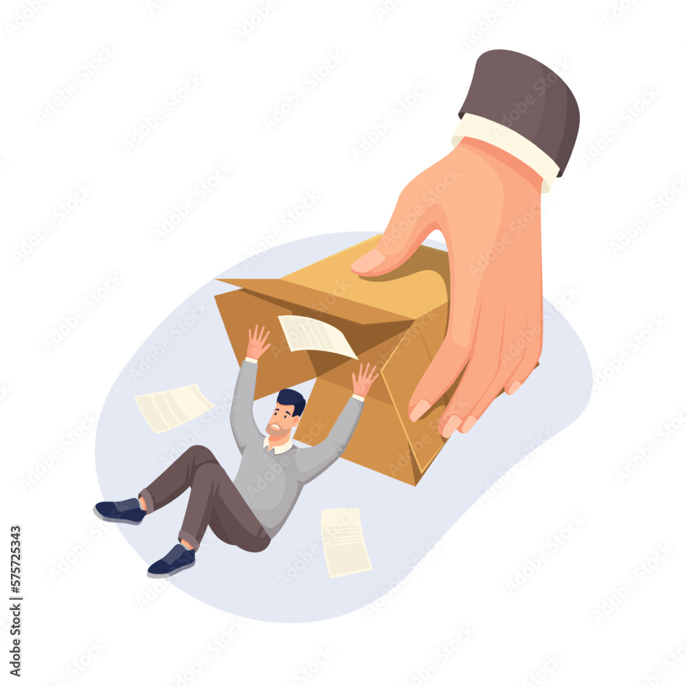 Hand of boss throwing employee from open cardboard box to dismiss ...