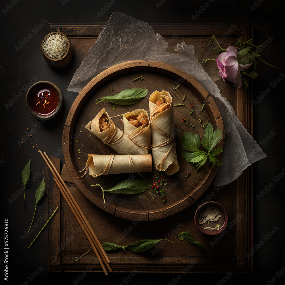 Traditional spring rolls, top view, still life, soft light. Ai ...