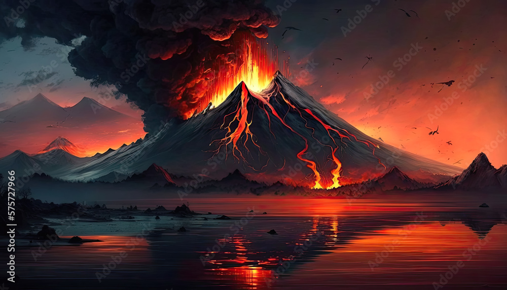 illustration of prehistoric landscape with volcano eruption, lava and ...