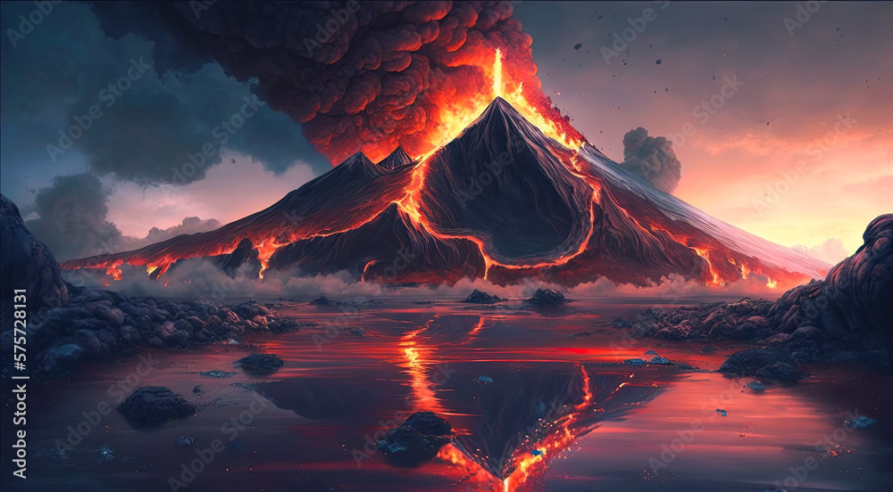 Volcano crater eruption with flowing lava and smoke. The Masaya Volcano ...