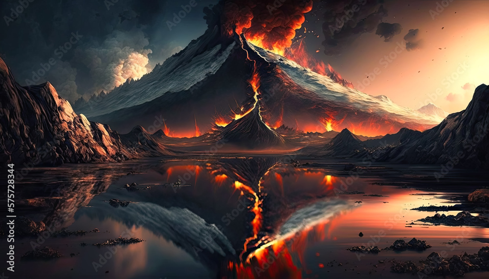 big volcano eruption with huge smoke pillar and fire on sunset, suffer ...