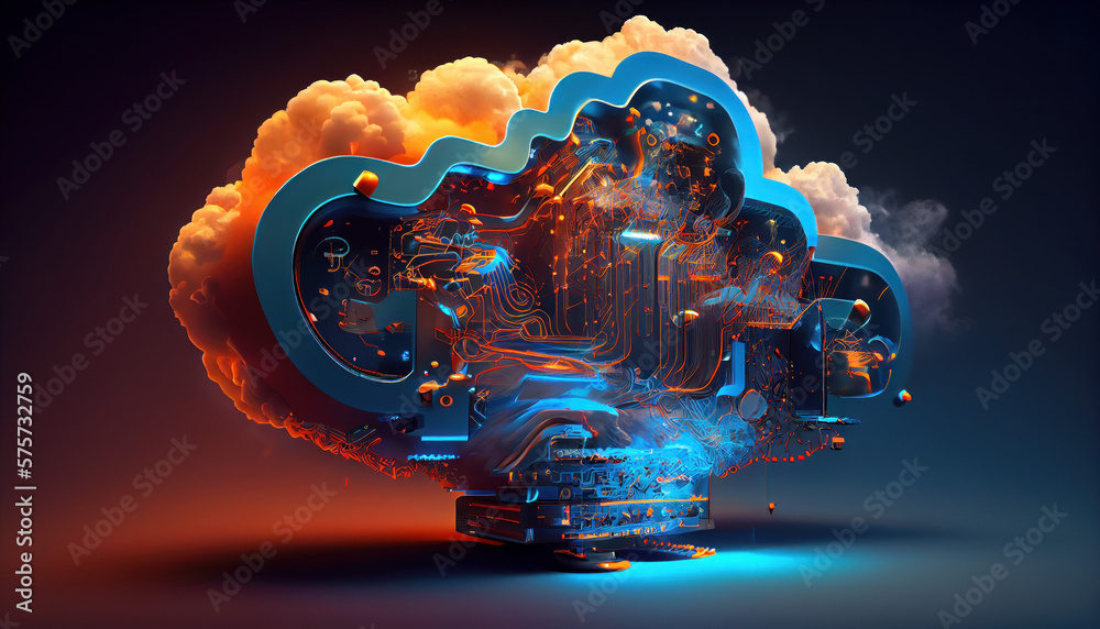 Cloud computing CAAS, yellow cloud sliced in half, servers and cables ...