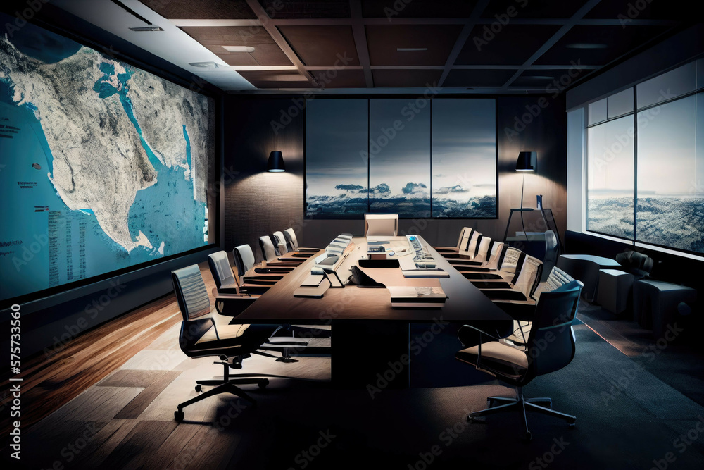 A modern office space with a large conference table, multiple chairs ...