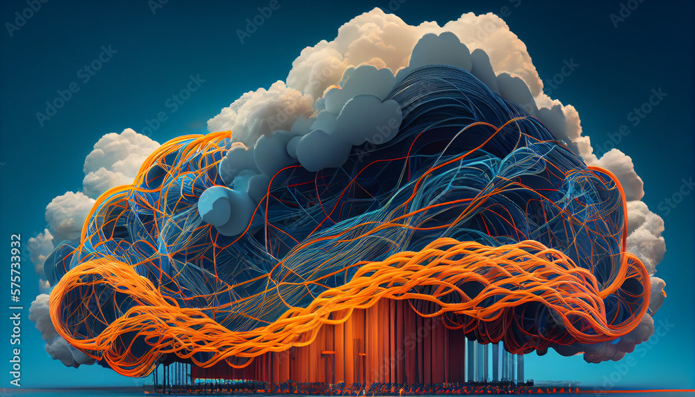 Cloud computing, giant cloud tethered with thousands of cables in ...