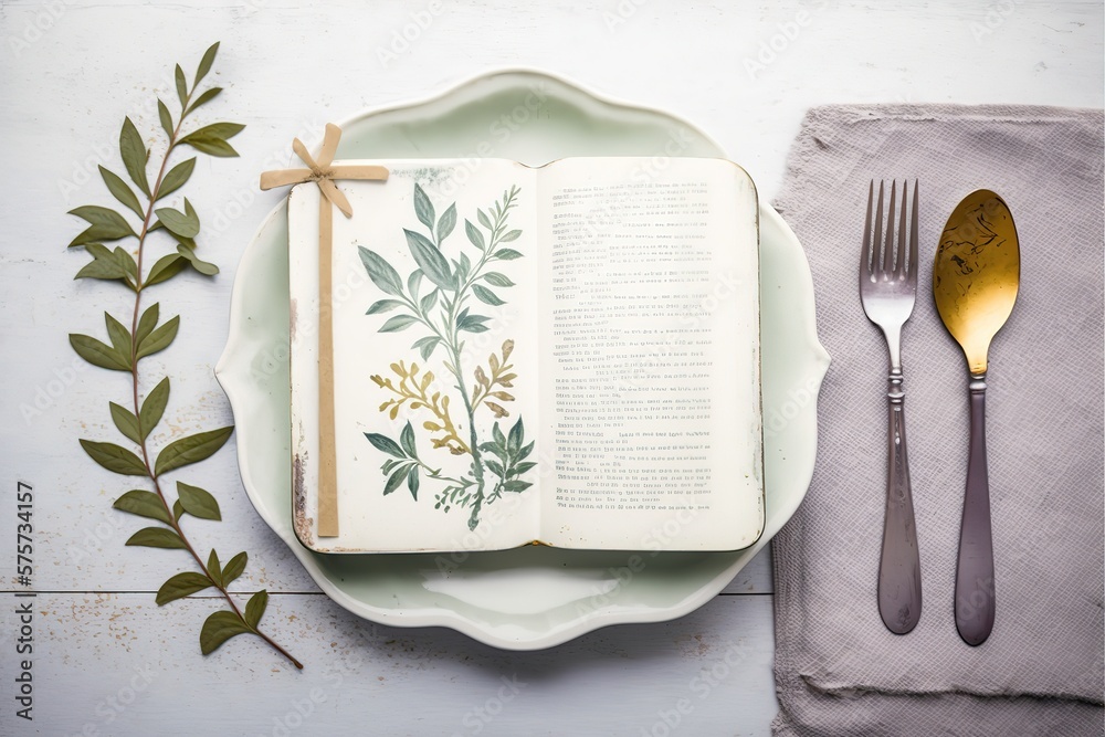 Plate with Bible and cutlery on white wooden table, flat lay. Lent ...