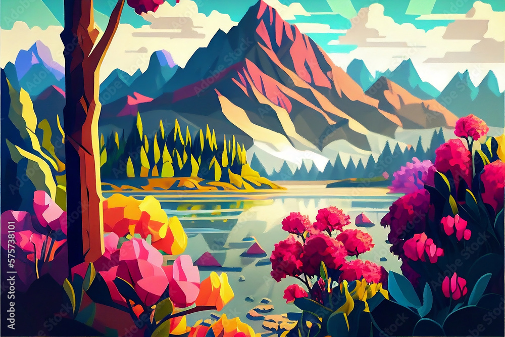 This AI-generated photo features a Cubist-style summer landscape ...
