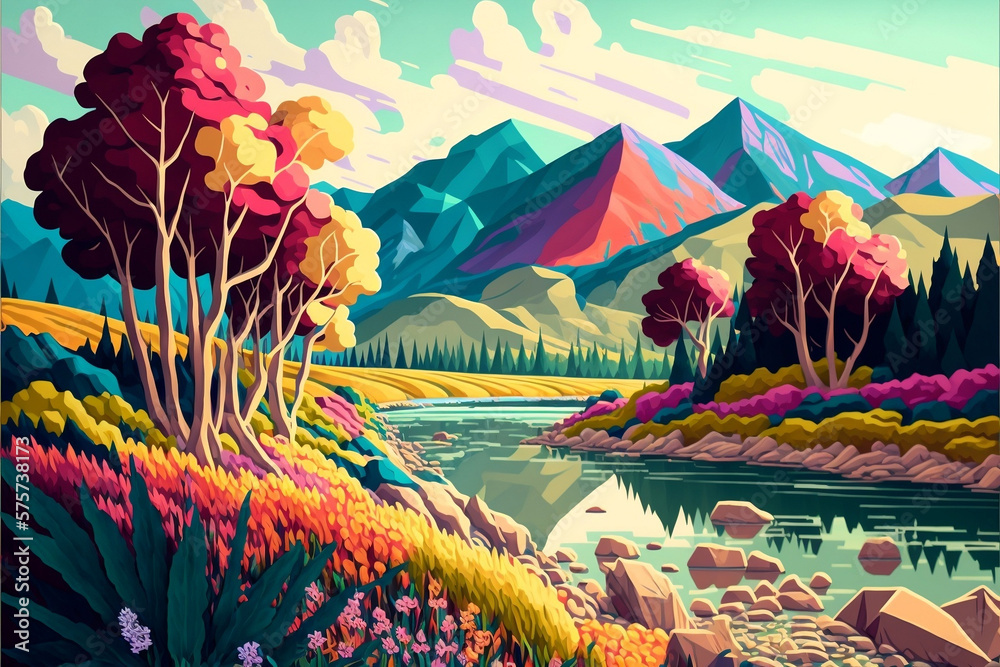 This AI-generated photo features a Cubist-style summer landscape ...