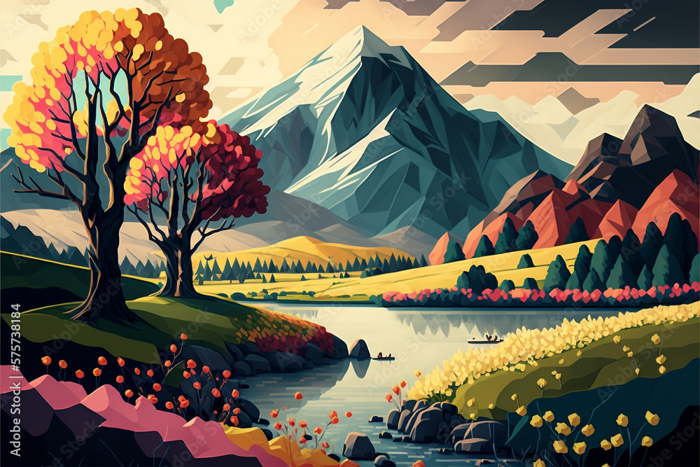 This AI-generated photo features a Cubist-style summer landscape ...